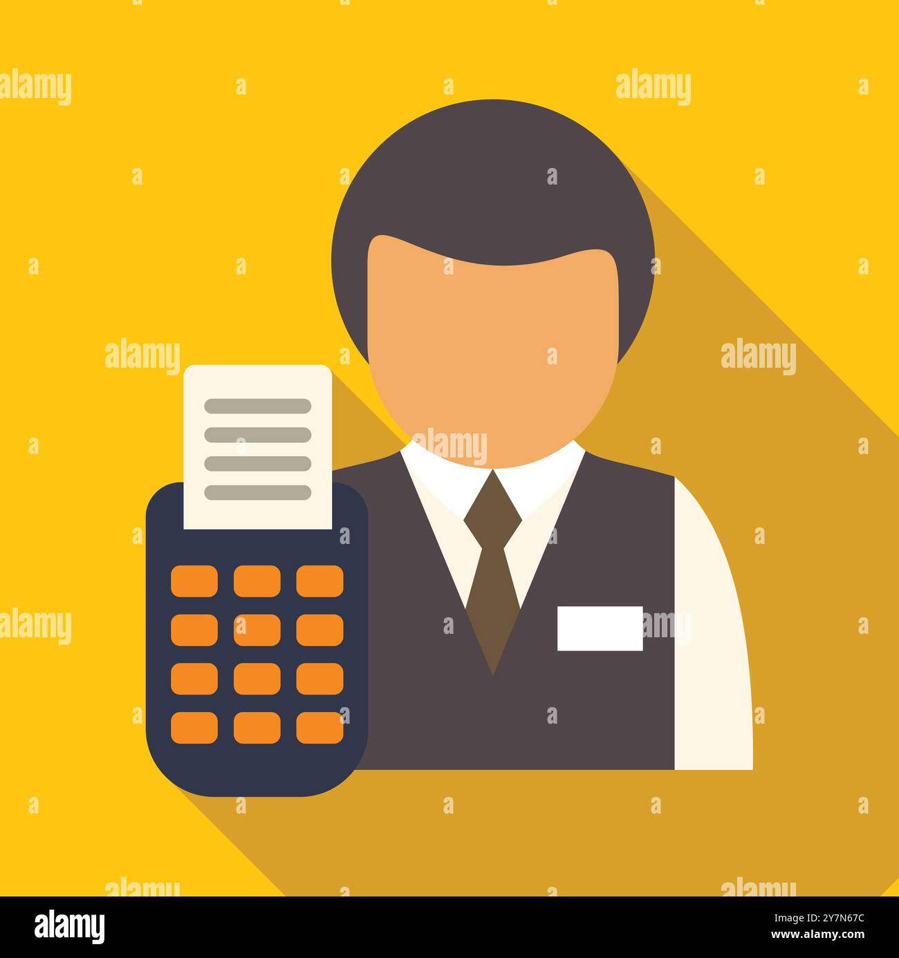 Cashier holding pos terminal printing receipt icon in flat style on a yellow background Stock ...