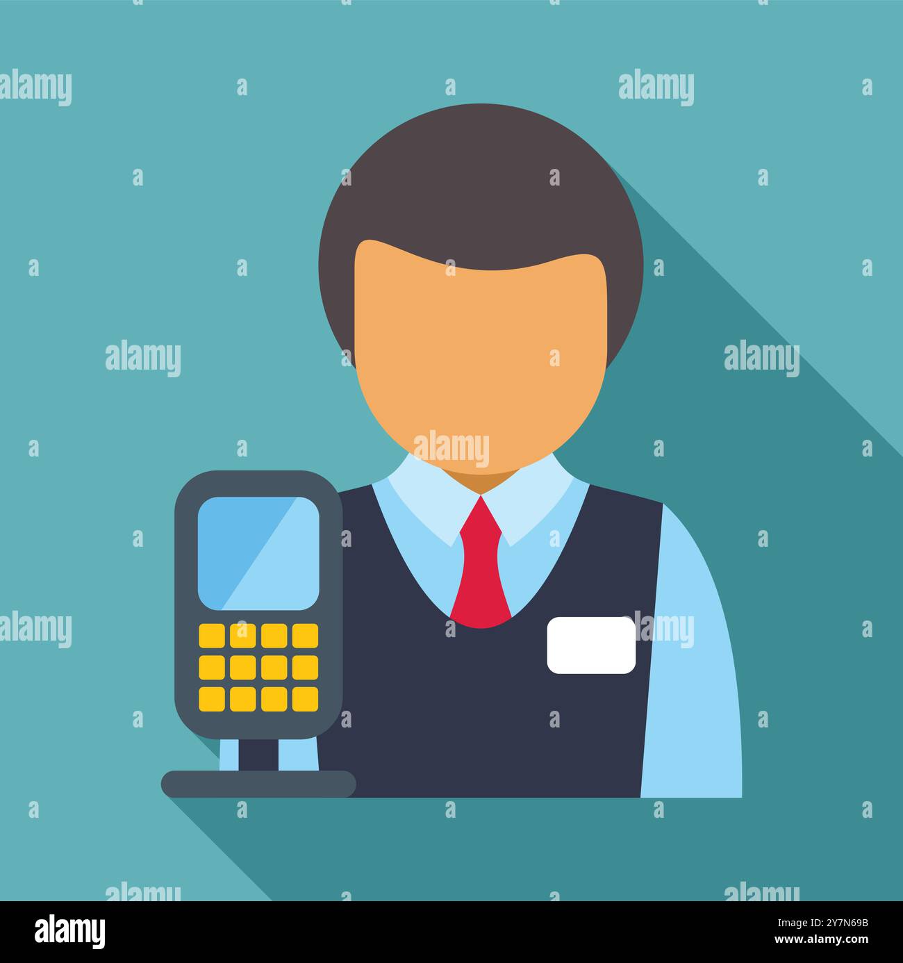 Male cashier standing behind a pos terminal waiting to accept a credit ...