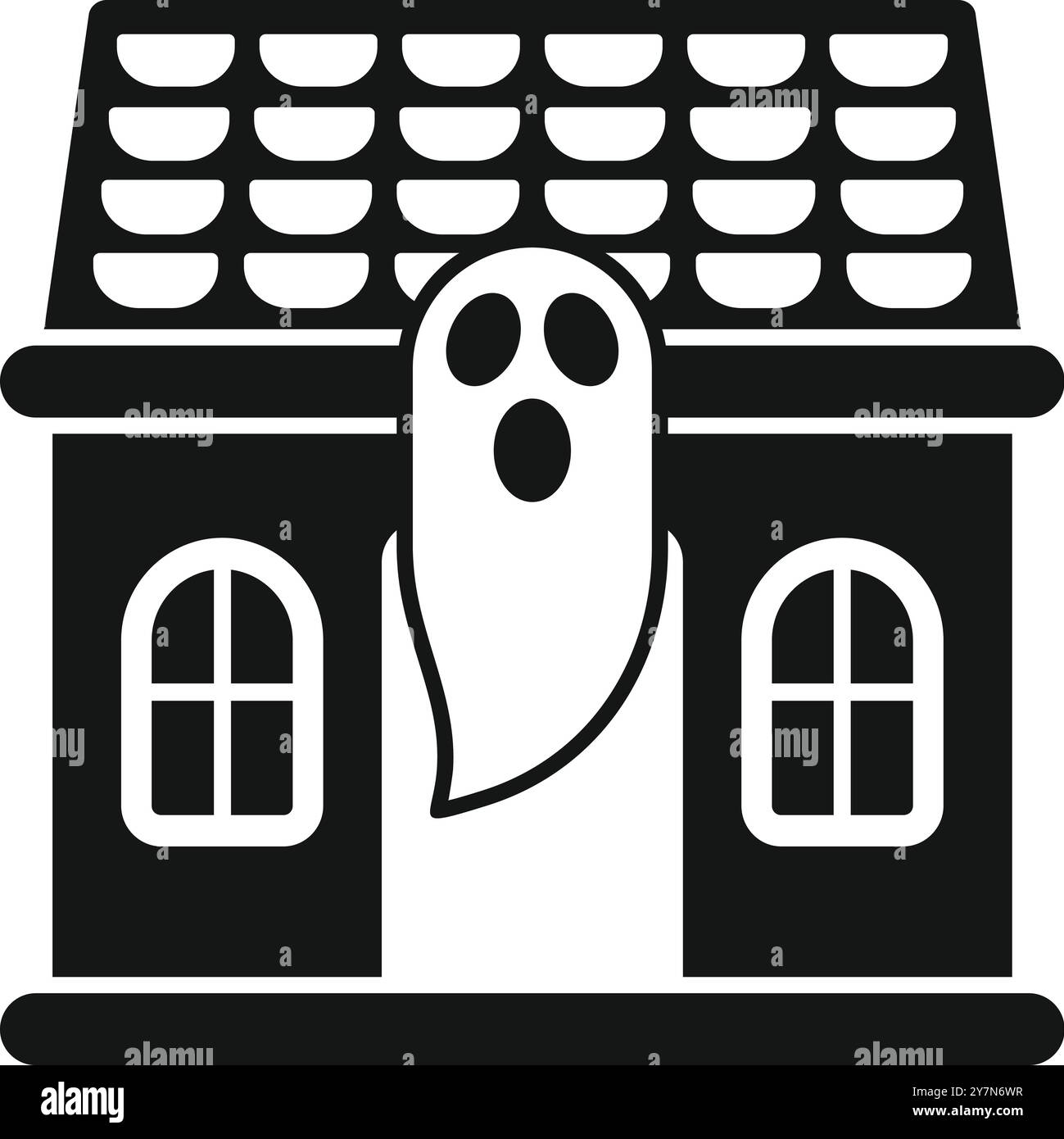 Simple vector icon of a cartoon ghost floating above a haunted house ...