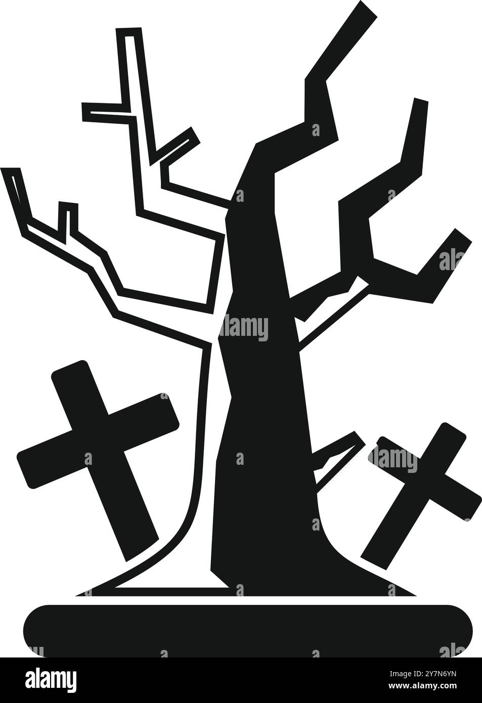 Simple vector icon of a dead tree with two graves growing on cemetery ...