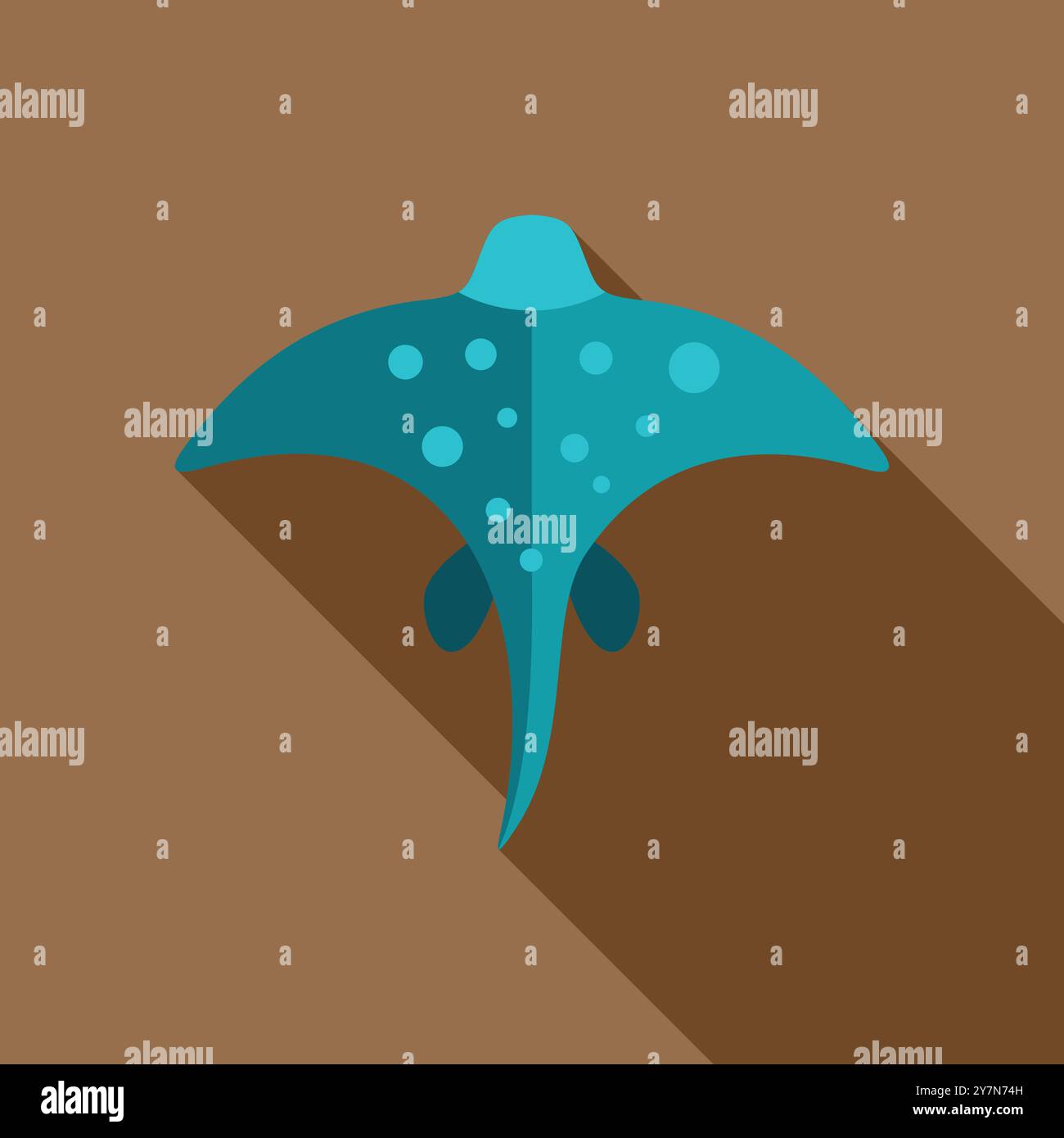 Minimalist vector illustration of a blue stingray swimming over a brown ...
