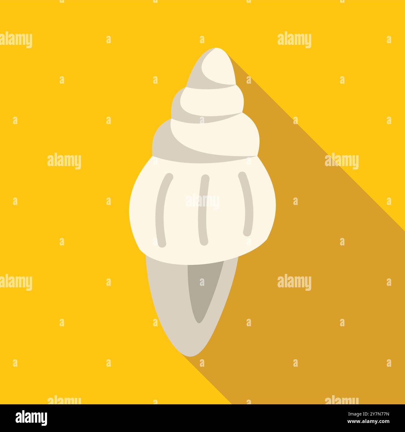 White spiral seashell casting long shadow on yellow background, simple ...