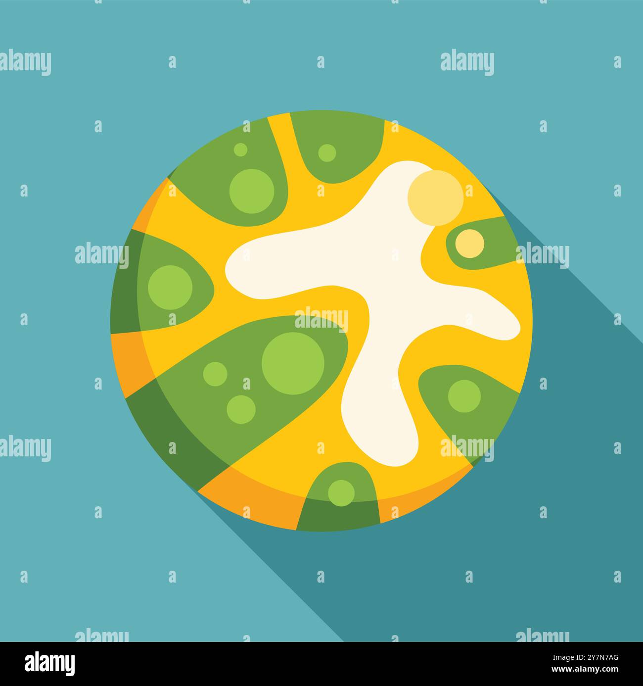 Round planet with craters covered with green haze casting long shadow ...