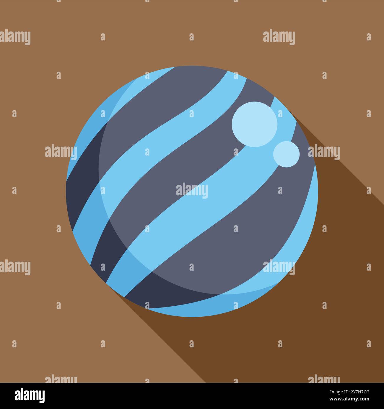 Blue and black striped rubber bouncy ball casting a shadow on a brown ...