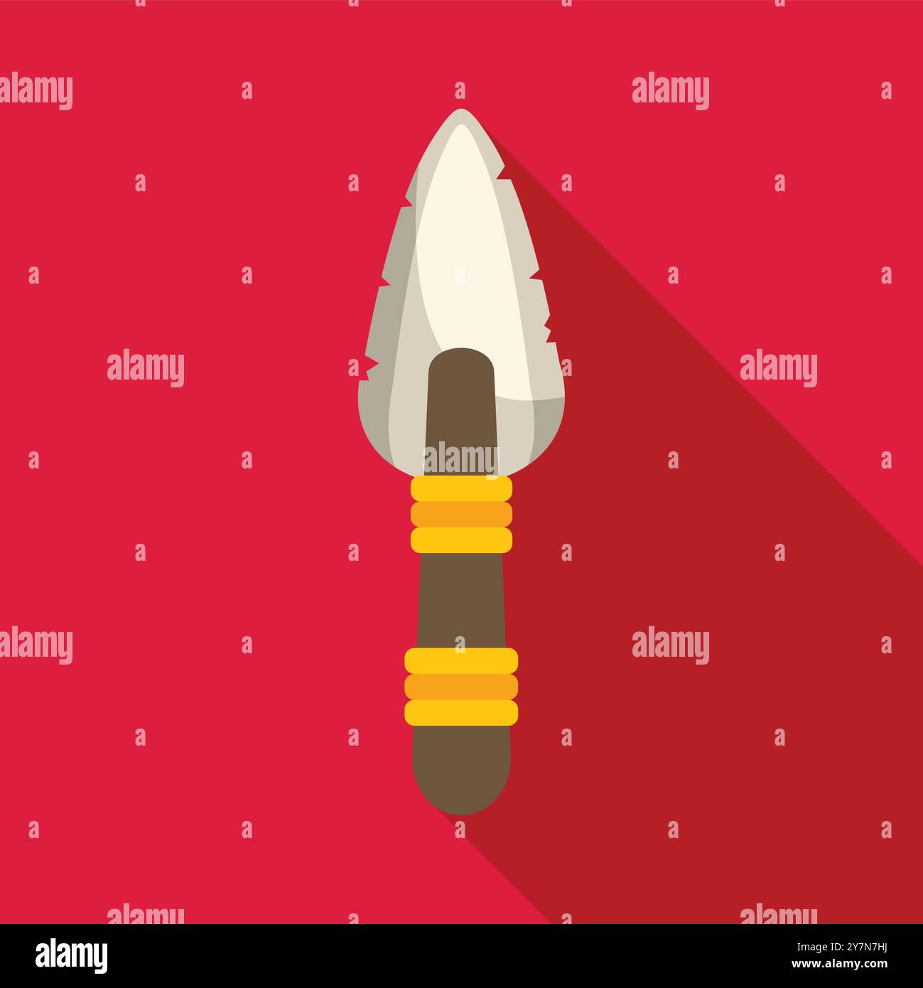 Ancient spear point with wooden handle and gold bands on red background ...