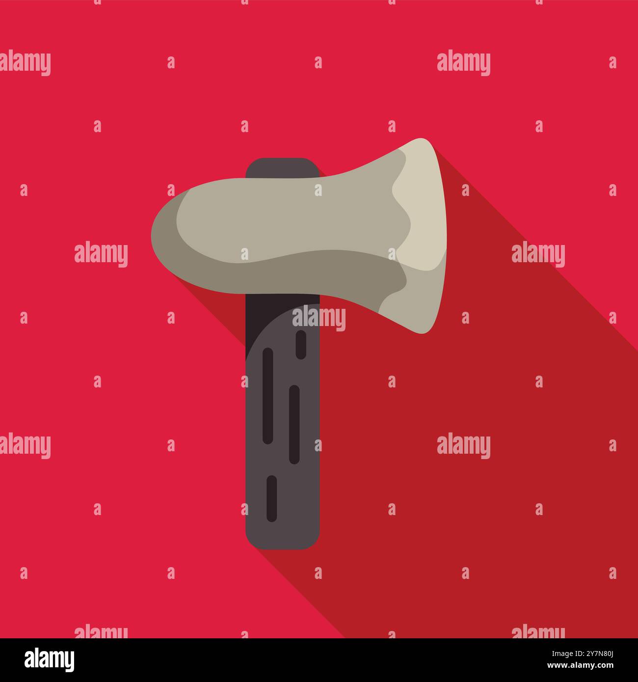 Prehistoric stone axe with wooden handle casting long shadow on red ...