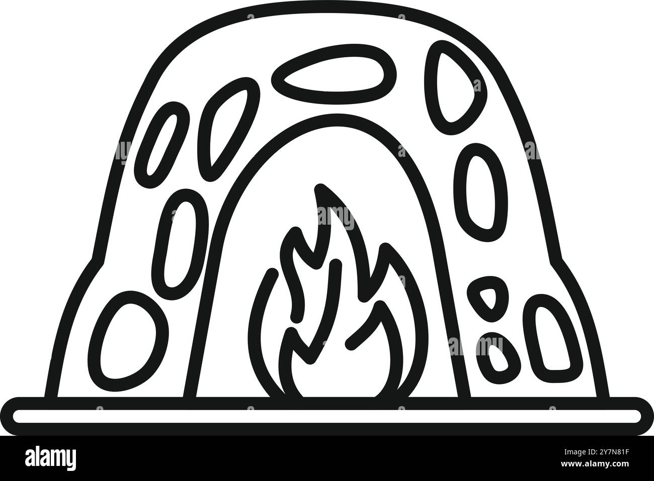 Simple outline icon of a stone age house with a burning fire inside ...