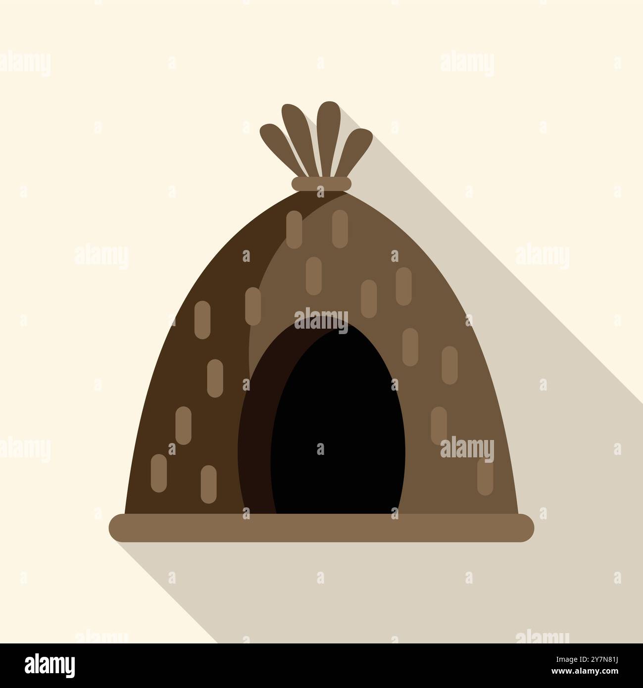 Simple mud hut with a thatched roof, casting a long shadow ...