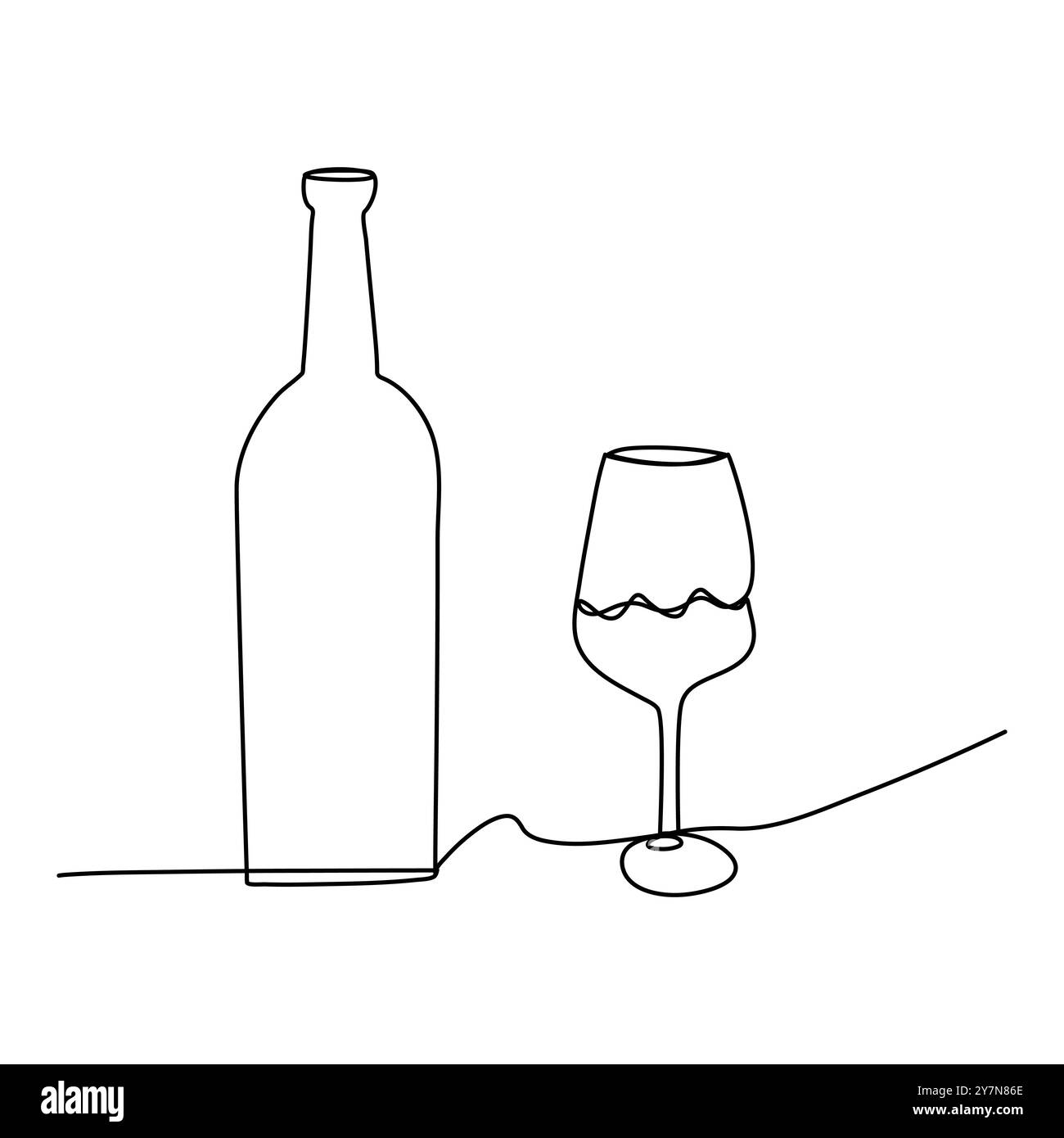 Continuous single line drawing of a bottle of wine and a glass. Hand-drawn one line picture of a ...