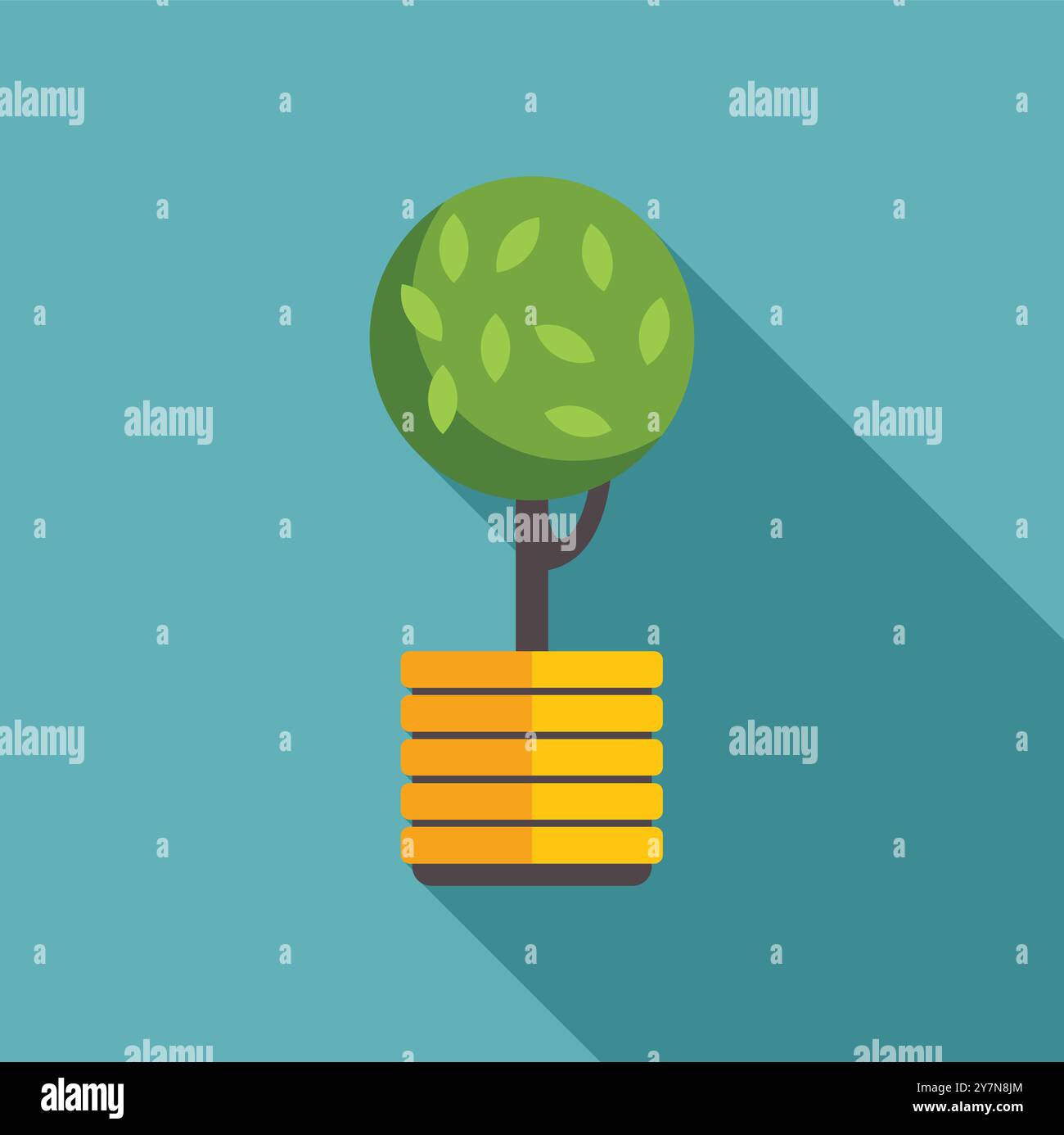 Small round shaped tree growing from coins stack in yellow pot with ...