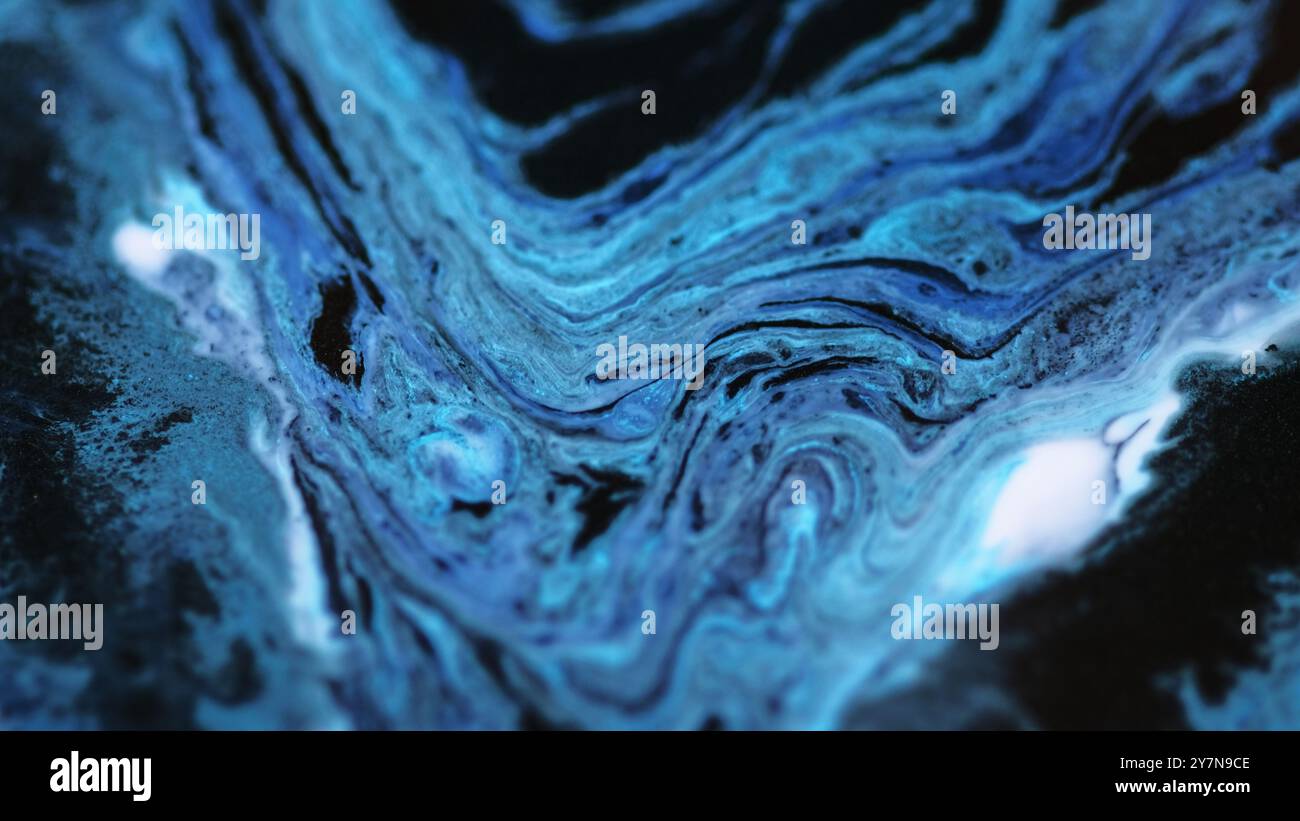 Ink mix wave. Liquid acrylic spill. Blur glowing blue black color ...