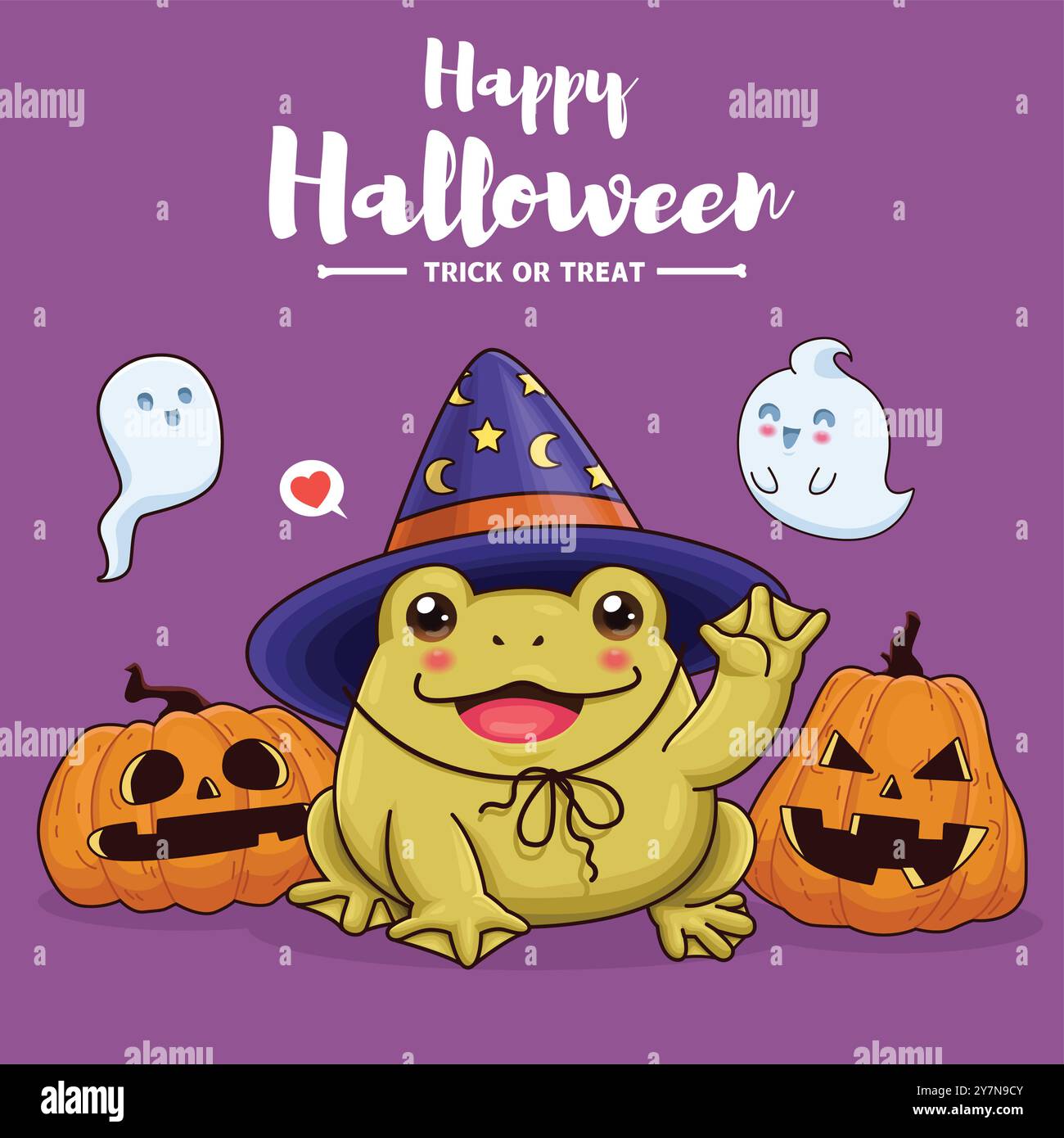 Vintage Halloween poster design with vector frogs, witch, ghost, jack o ...