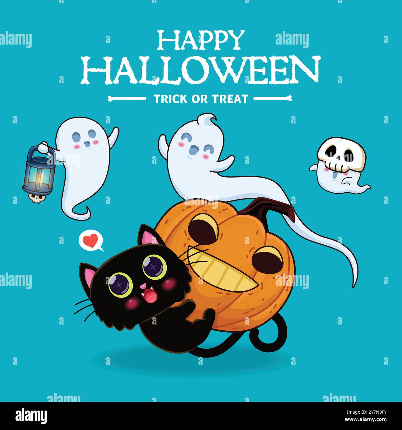 Vintage Halloween poster design with vector cat, jack o lantern, ghost ...