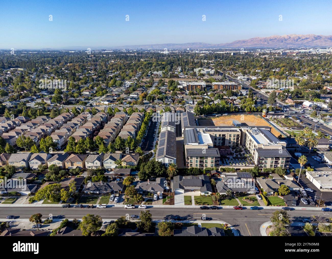 Aerial view of a suburban neighborhood in Silicon Valley with a mix of single family residential ...