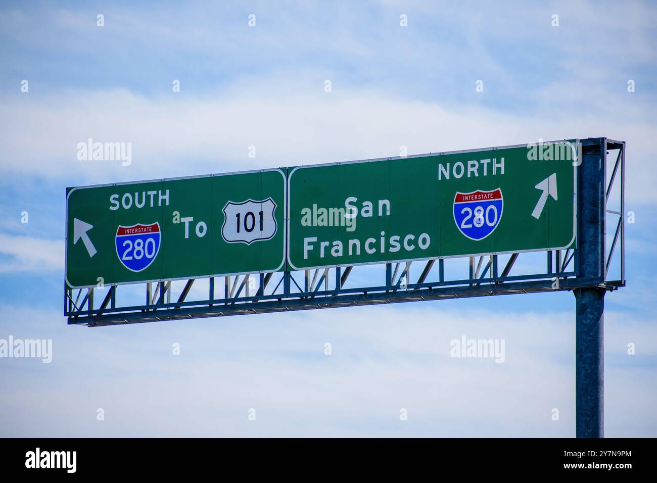 Overhead freeway sign indicating routes for interstate highway 280 ...