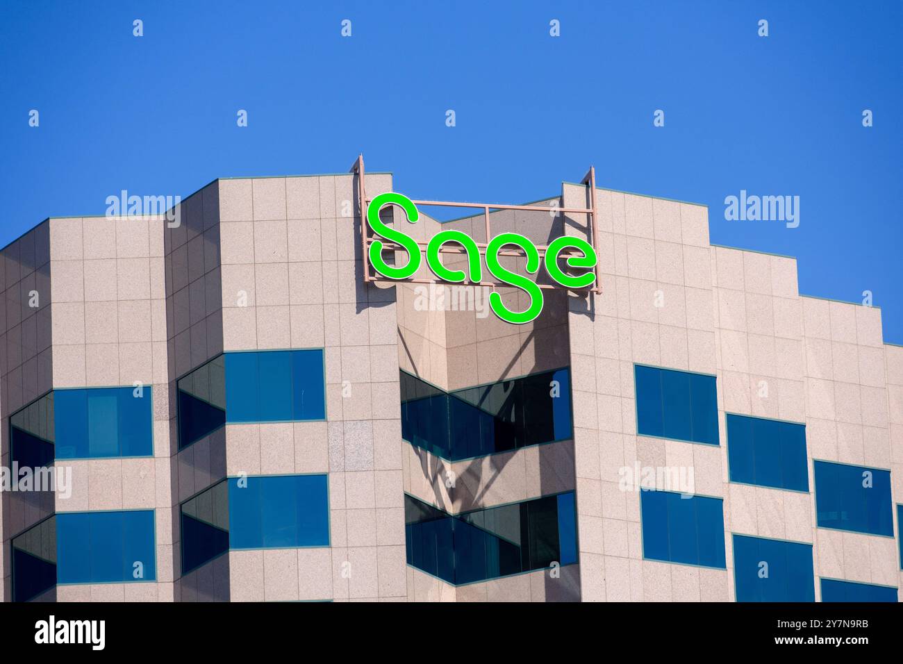 Sage sign, logo on the facade of corporate headquarters building of Sage Intacct, an American ...