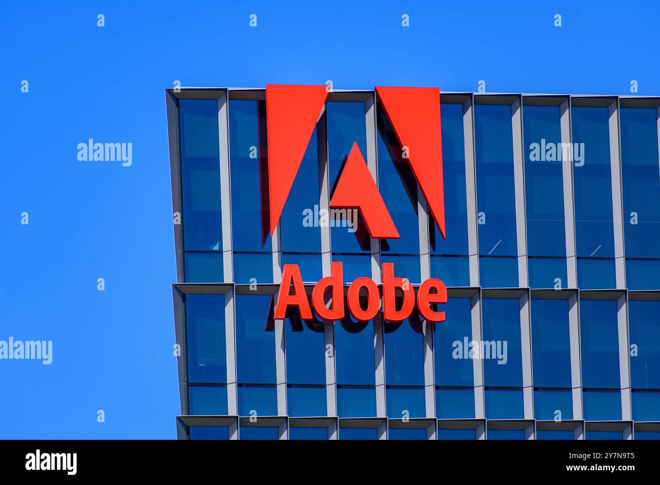Adobe sign, logo on the facade of corporate headquarters building - San ...