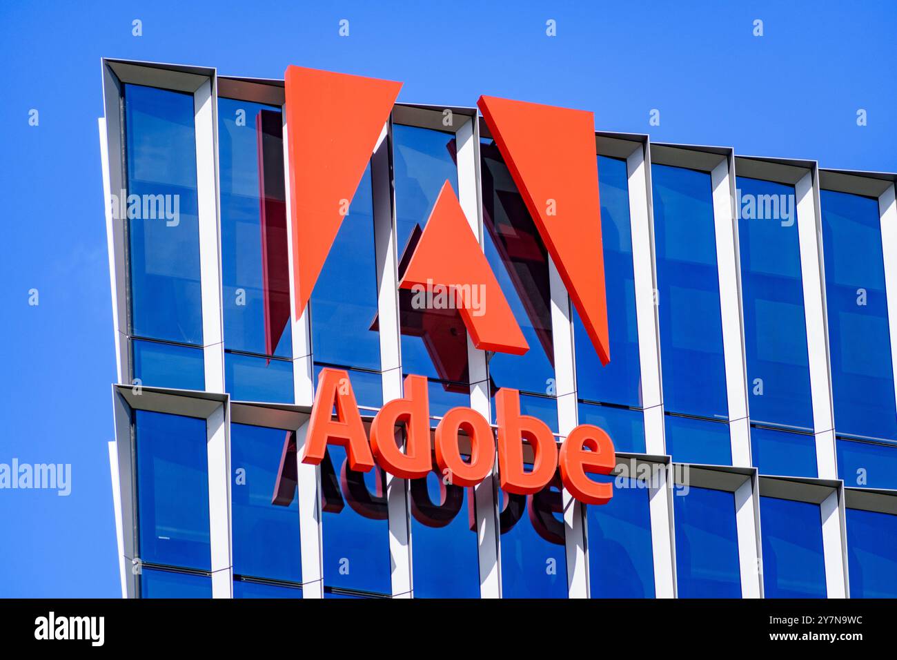 Adobe sign, logo on the facade of corporate headquarters building - San ...