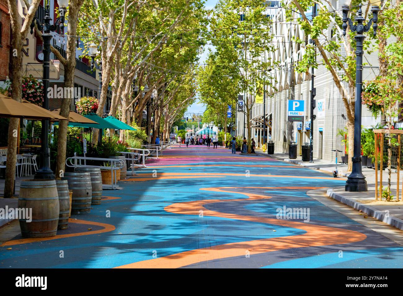 Vibrant street art decorates a pedestrian walkway at Downtown San Jose ...