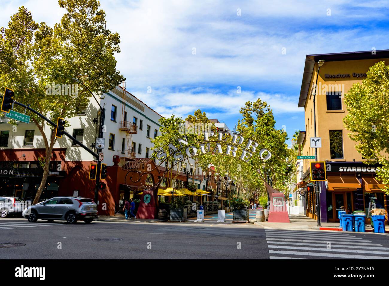 San Pedro Square gateway arch stands at an intersection in downtown ...