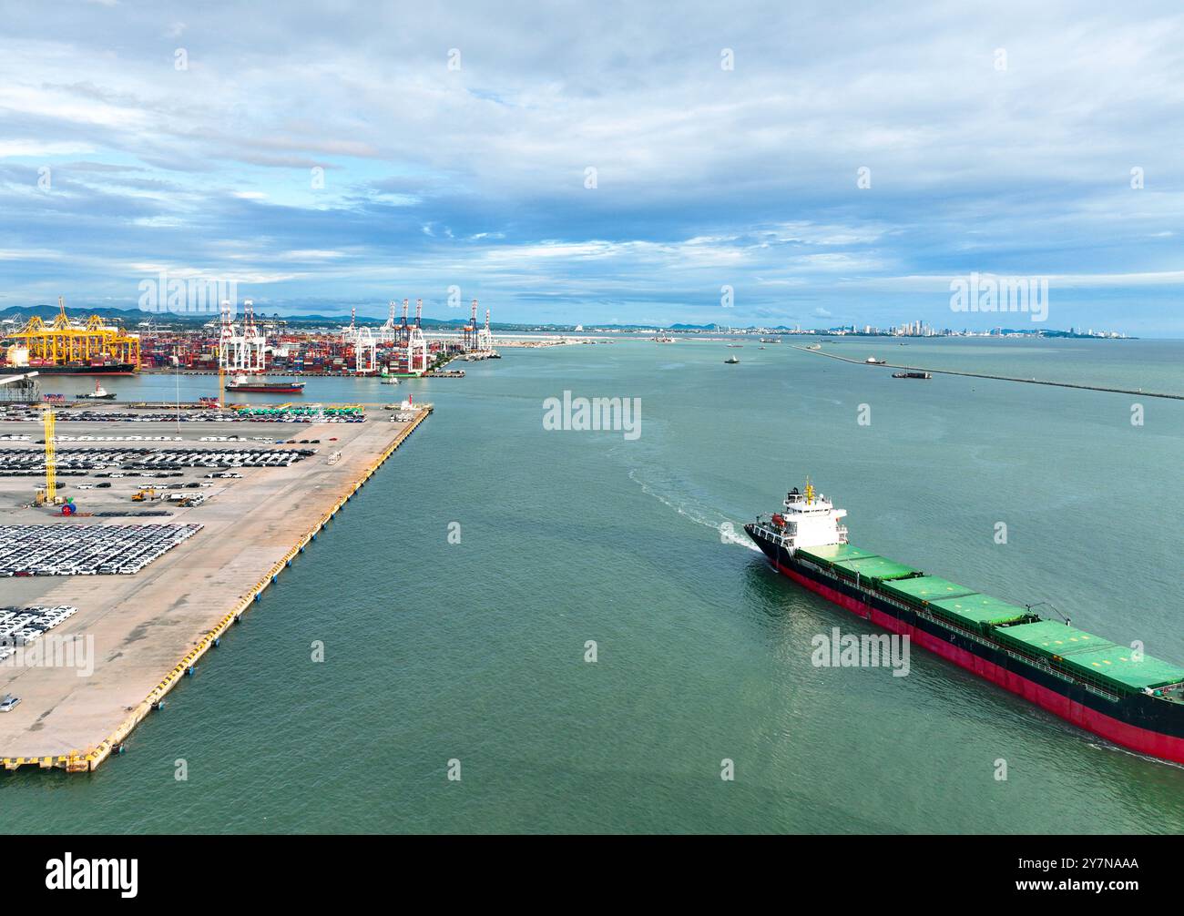 Aerial view of a large stock of new cars parked at a port terminal ...