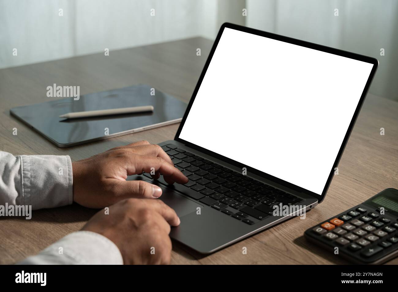 mock up Using laptop with blank screen computer modern Stock Photo - Alamy