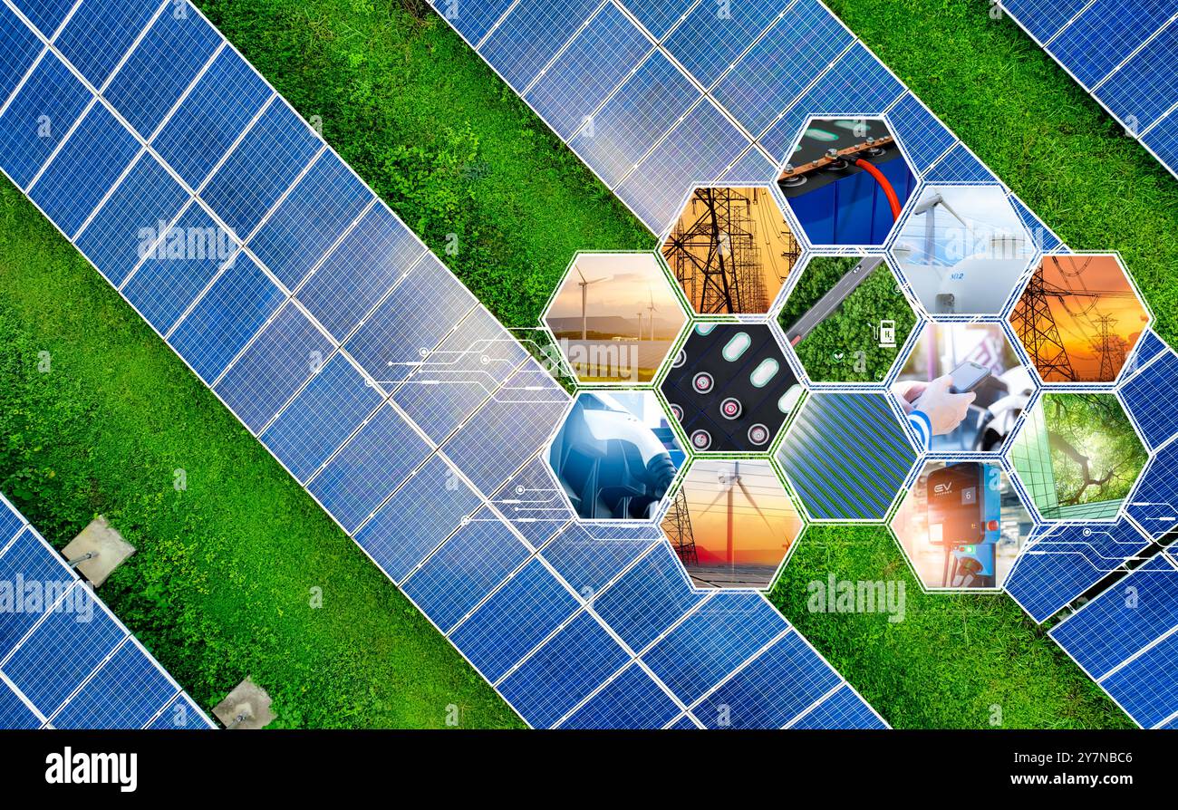 Sustainable renewable energy. Solar panels and wind turbines generate ...