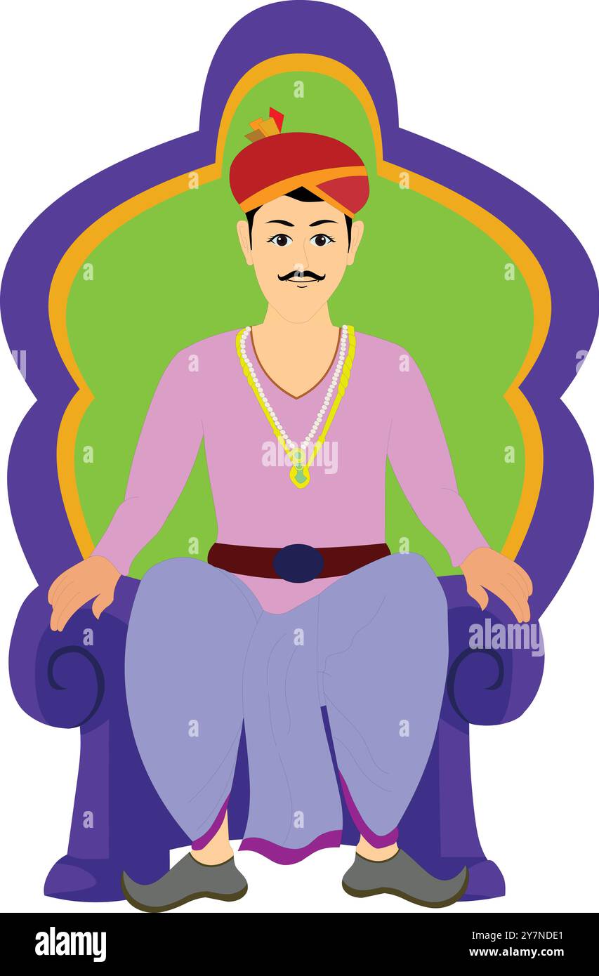 Indian king character sitting pose. Hindu king sitting on a royal ...