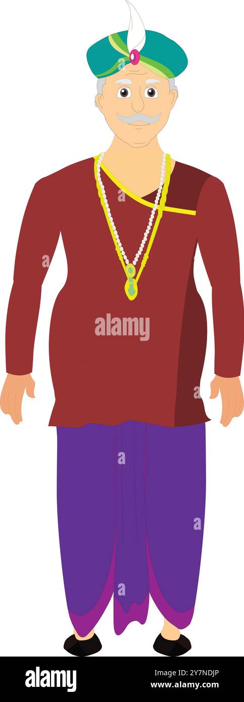 Old Indian King Character front view with crown. Indian emperor ...