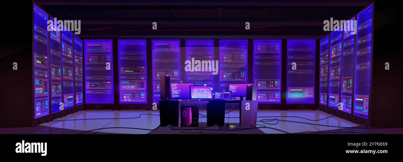 Data center server room interior with neon glow purple digital ...