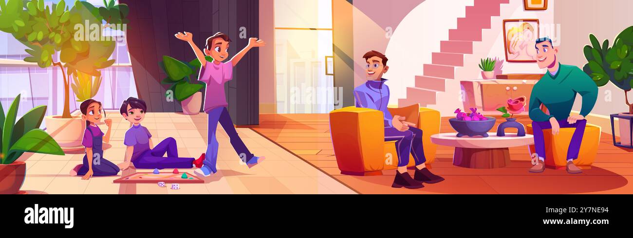 Kid play game in home living room. House interior with armchair and ...