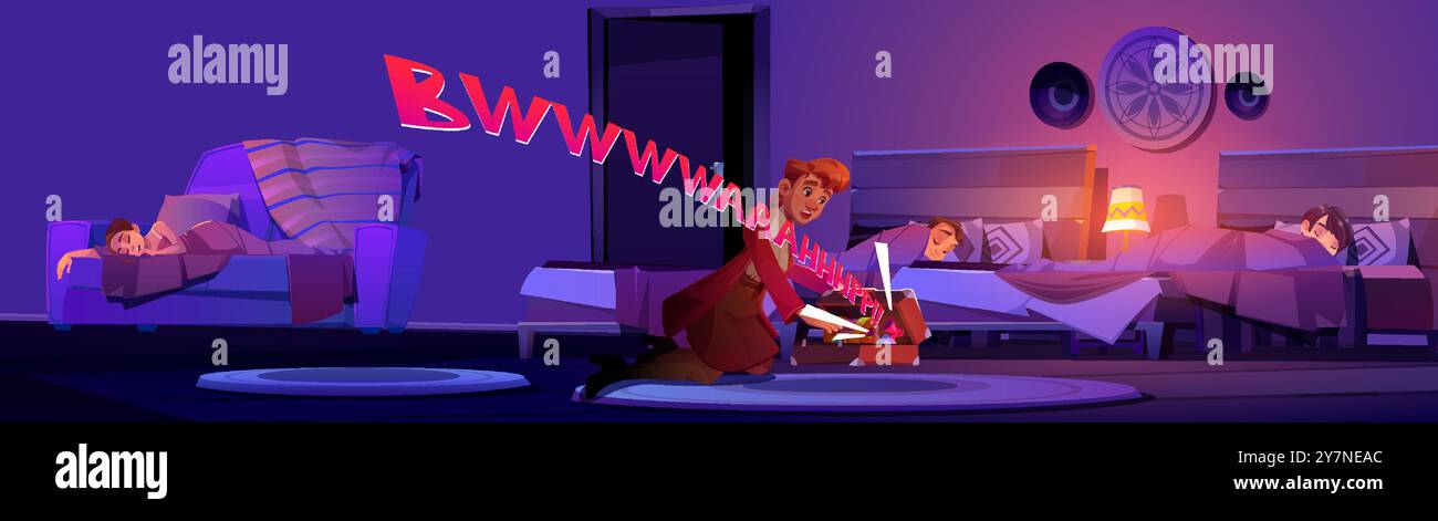 Robbery in room with kid sleep in bed cartoon. Thief character steal ...