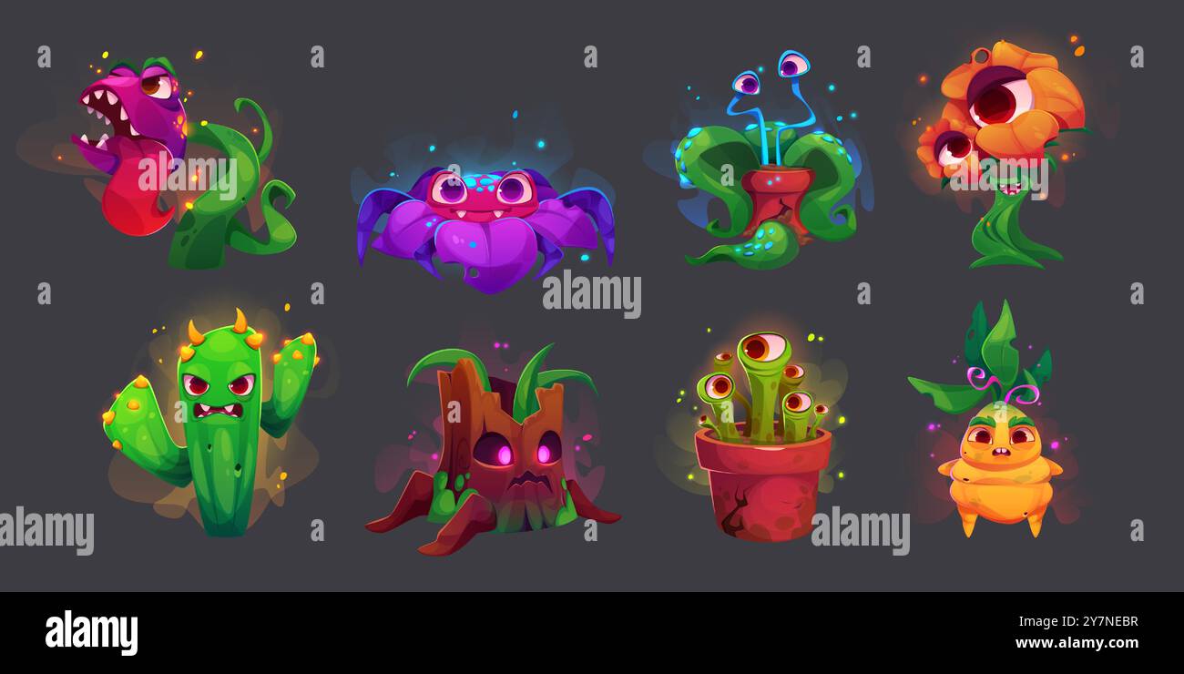 Scary monster plants. Fantasy alien flower vector. Cute and creepy ...