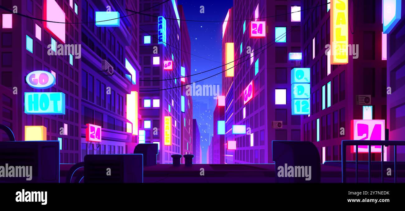 Night neon downtown city street with signboard on building perspective ...