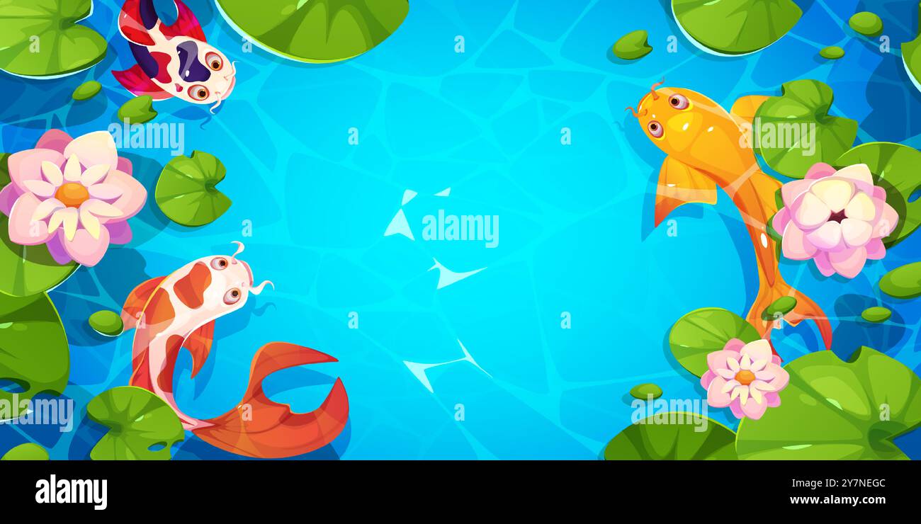 Top view on koi fish with lotus leaves and flowers swimming in blue ...