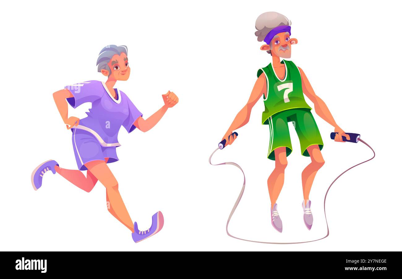 Active senior woman and man doing cardio training. Cartoon vector set ...