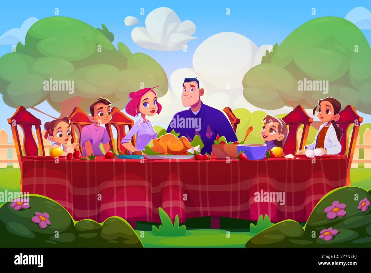 Family dinner in summer garden. Vector cartoon illustration of happy ...
