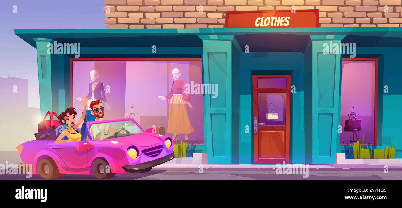 Couple in car after shopping. Vector cartoon illustration of happy ...