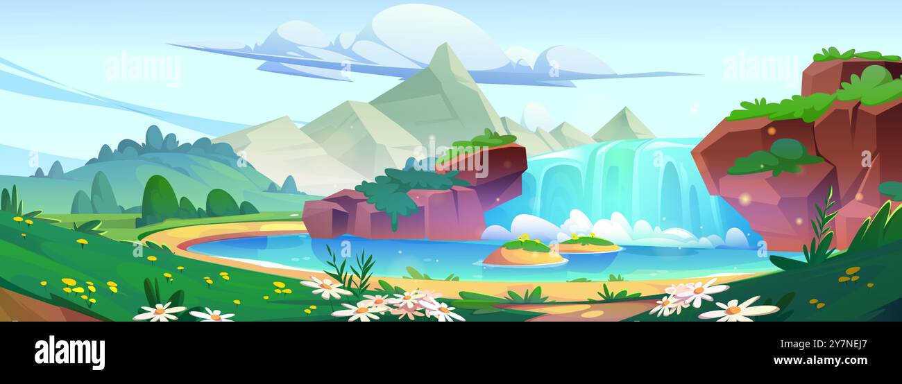 Summer or spring sunny landscape with waterfall on cliff rocks and lake ...