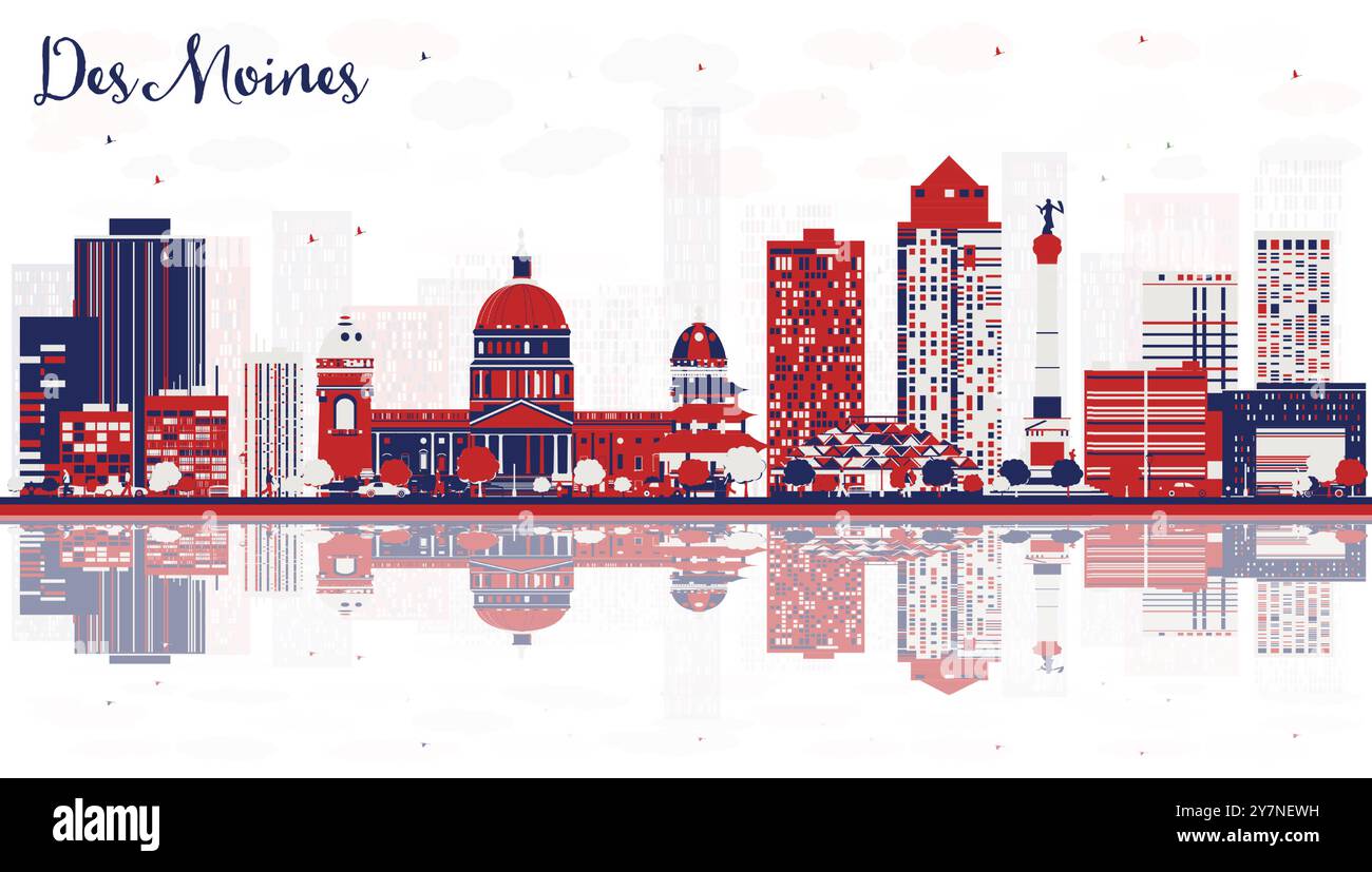 Abstract Des Moines USA city skyline with Color Buildings and ...