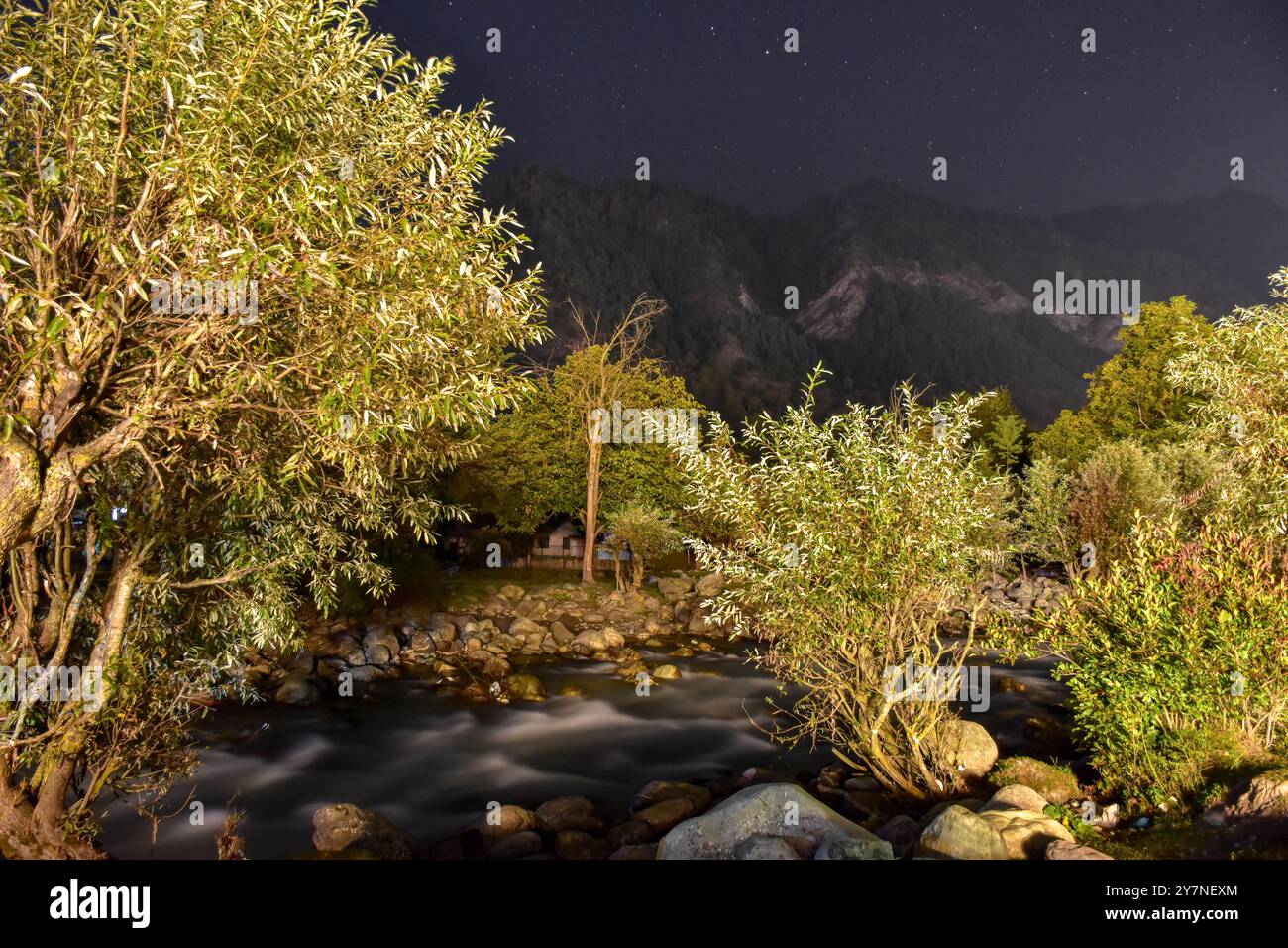 Pahalgam, India. 30th Sep, 2024. A long exposure photo shows a stream ...