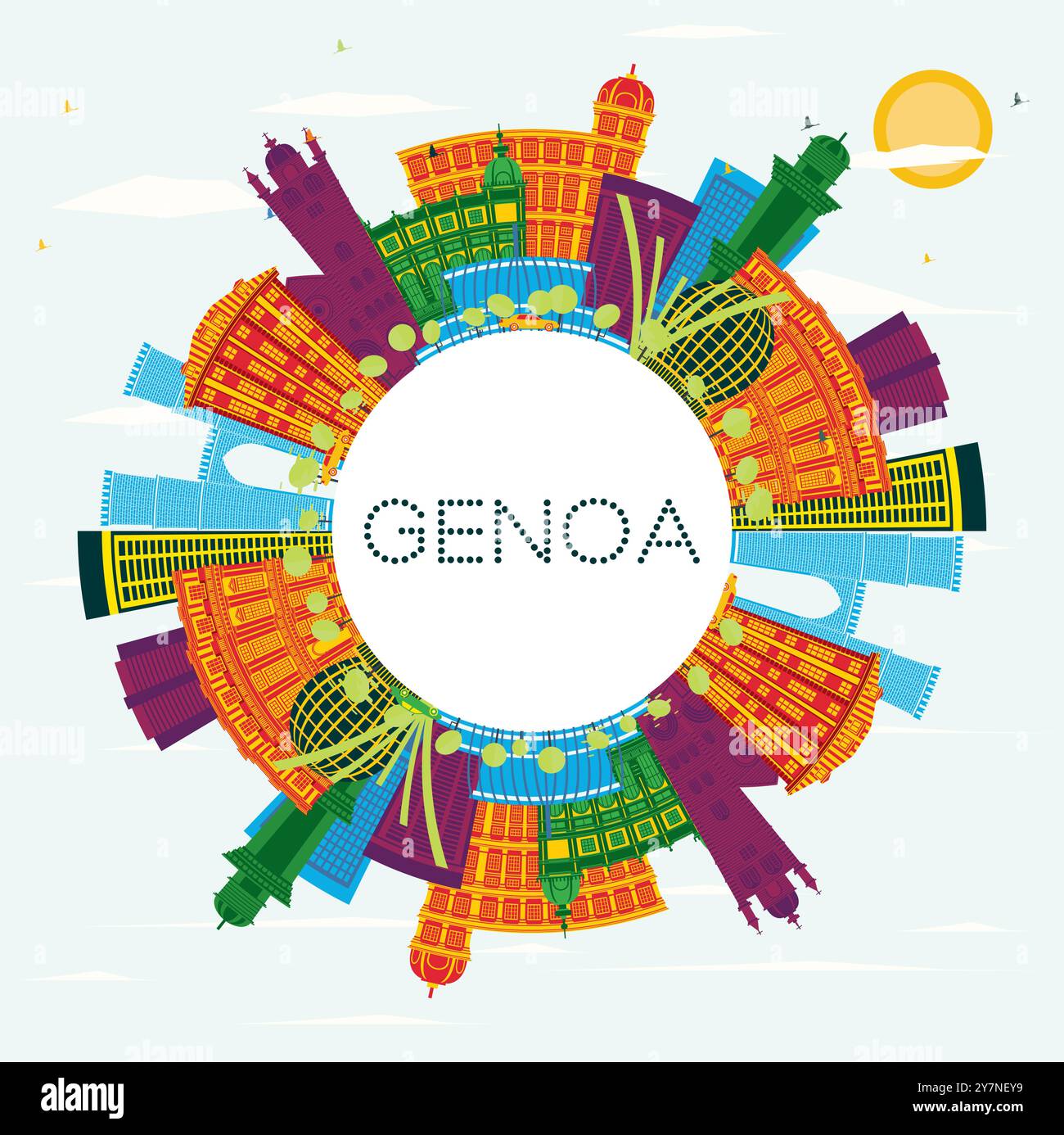 Genoa Italy City Skyline with Color Buildings, Blue Sky and copy space ...