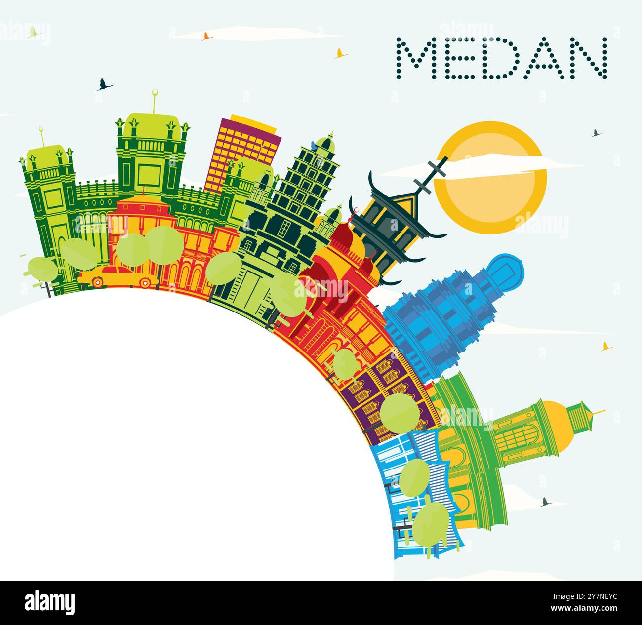 Medan Indonesia City Skyline with Color Buildings, Blue Sky and copy ...