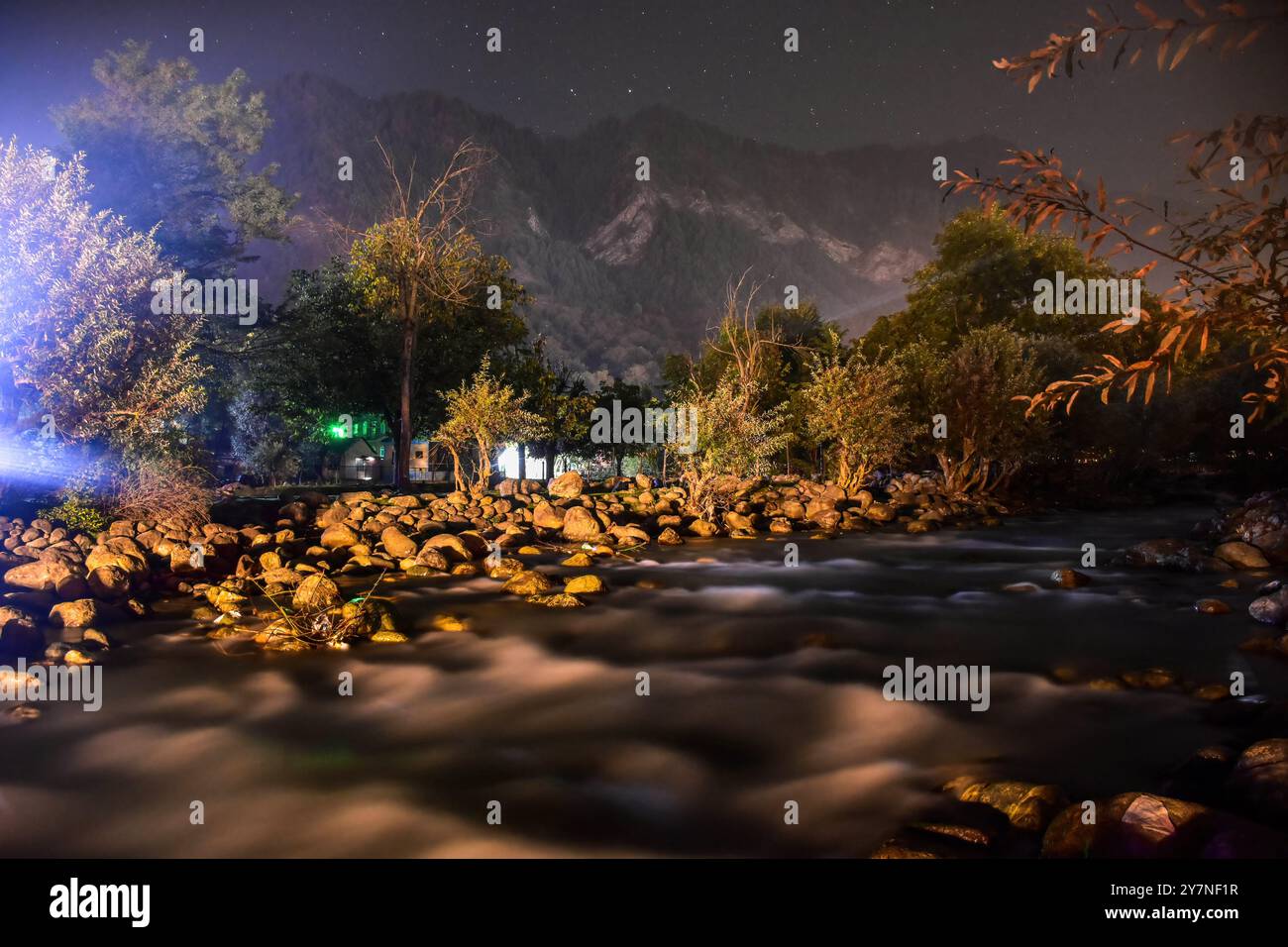 Pahalgam, India. 30th Sep, 2024. A long exposure photo shows a stream ...