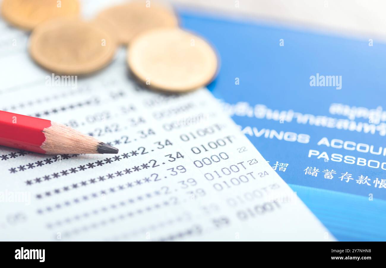 Close-up shot of the remaining balance in a bank book, revealing a ...