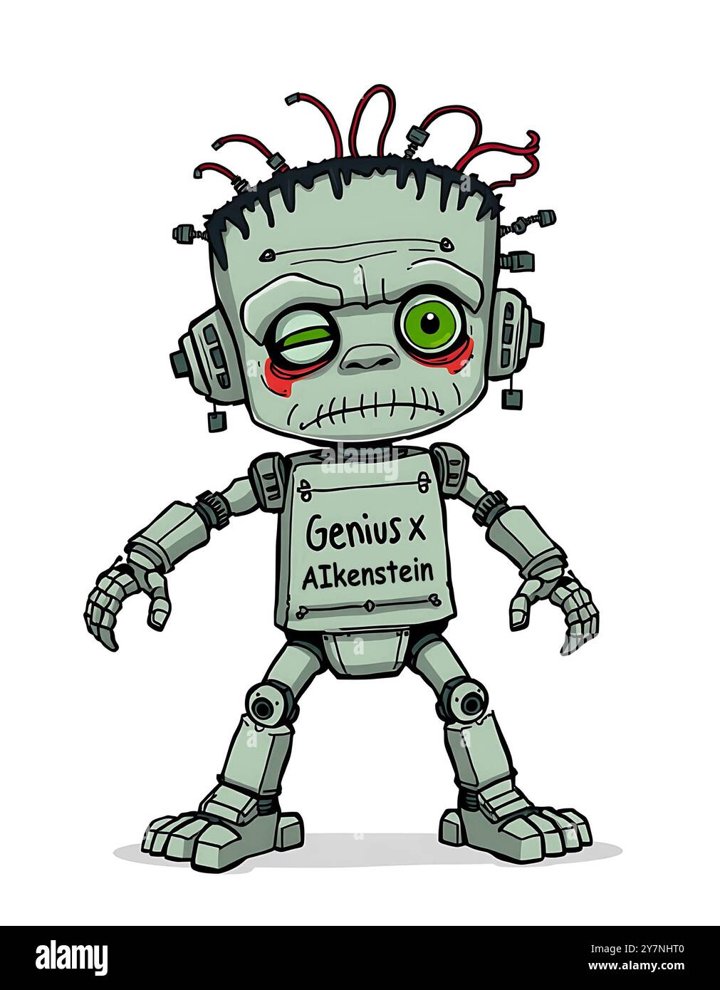 A cartoon-style robot inspired by Frankenstein with a boxy body, large ...