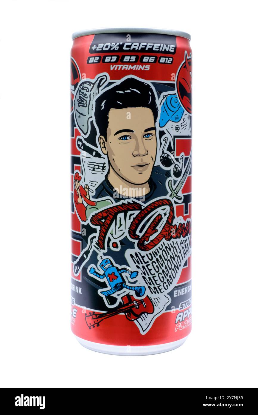 can of hungarian energy drink hell strong apple flavour on white ...