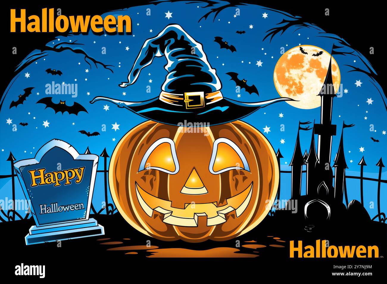 Halloween poster with pumpkin in witch hat, tombstone, castle, and ...