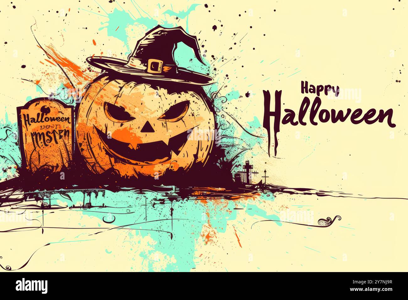 Spooktacular halloween poster featuring a pumpkin, witch hat, tombstone ...