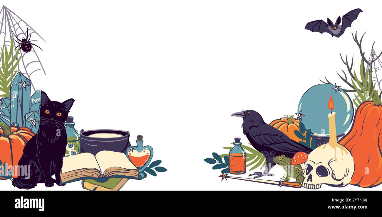 Banner with magic items, Halloween decoration. Witch magical attributes ...